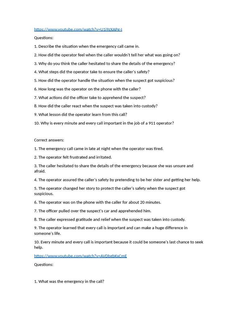 My Memorable 911 Call WORKSHEET (With Answers) | PDF