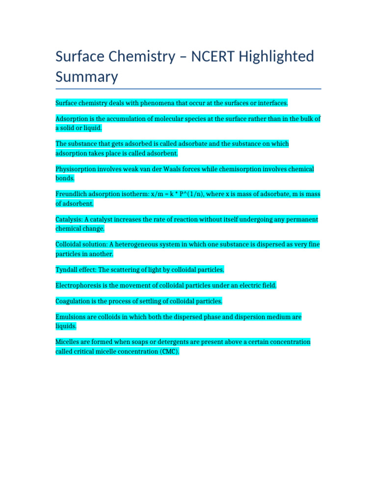 Surface Chemistry NCERT Highlighted | PDF