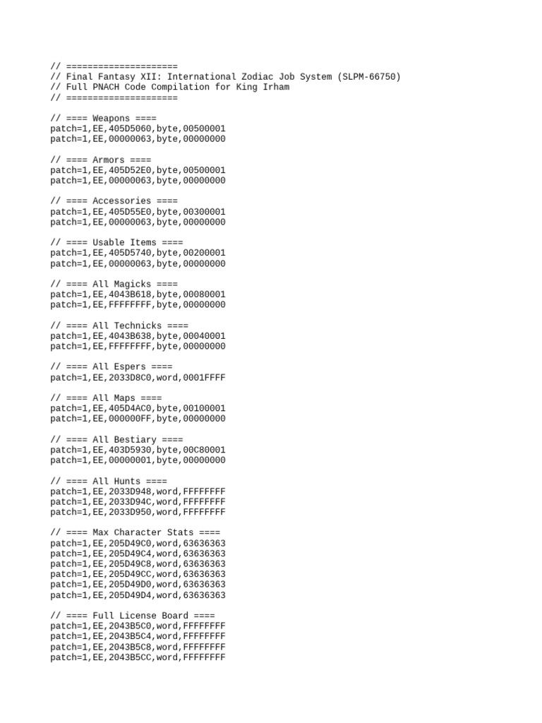 FF12 PNACH Codes Compilation | PDF | Square Enix | Speculative Fiction ...