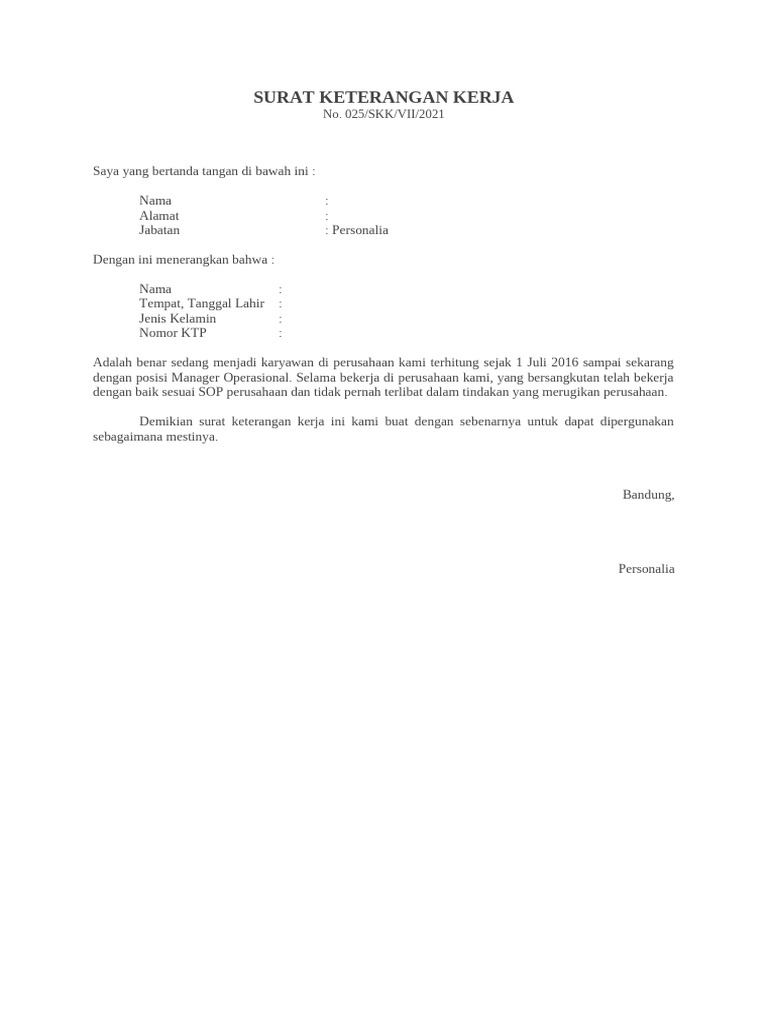 Contoh Surat Keterangan Kerja | PDF