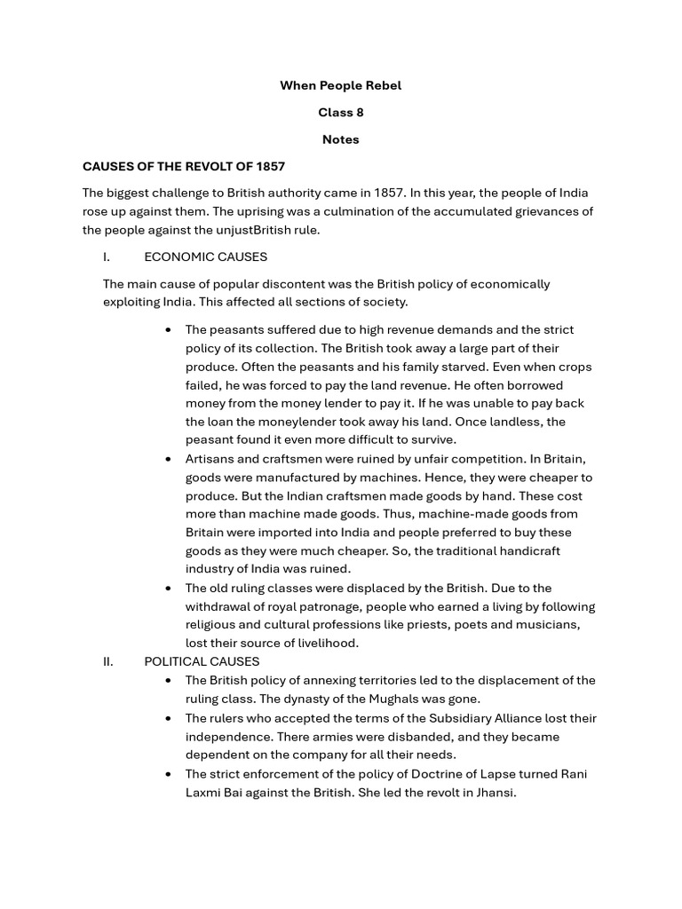 When People Rebel Class 8 Notes | PDF | Indian Rebellion Of 1857 ...