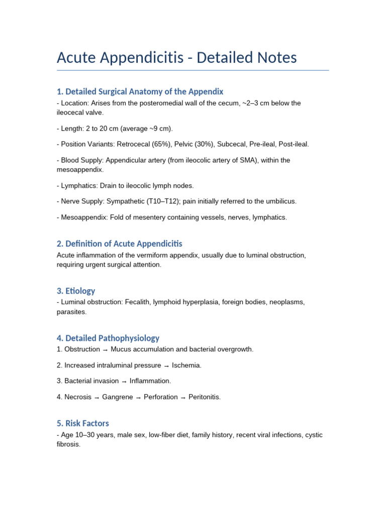 Acute Appendicitis Detailed Notes | PDF | Medical Specialties ...