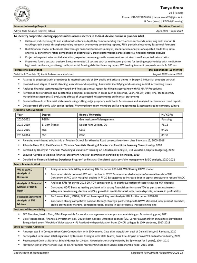 Tanya Arora - CV | PDF | Audit | Valuation (Finance)