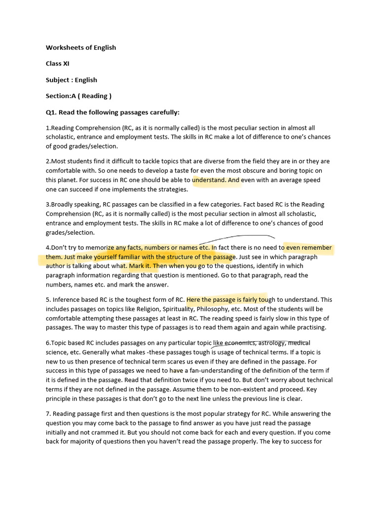 Worksheet of Class XI English | PDF | Reading Comprehension