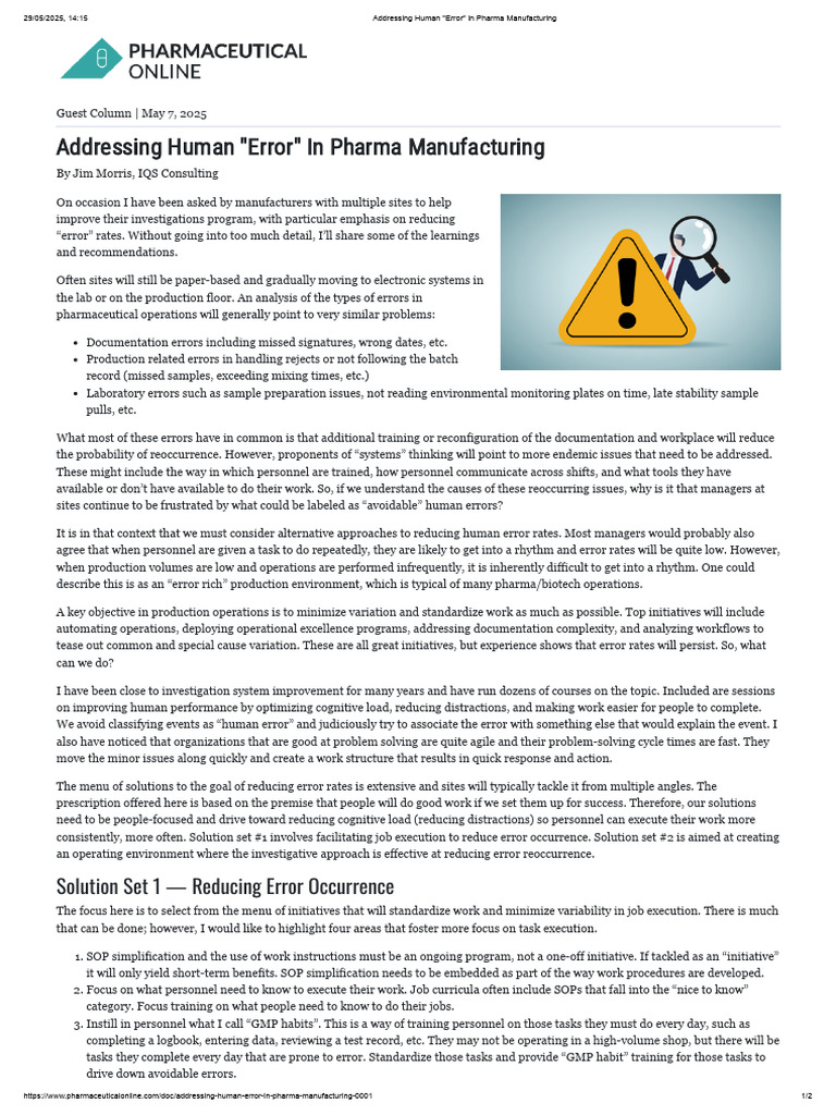 Reducing Human Error In Pharma Operations Pdf Cognitive Science