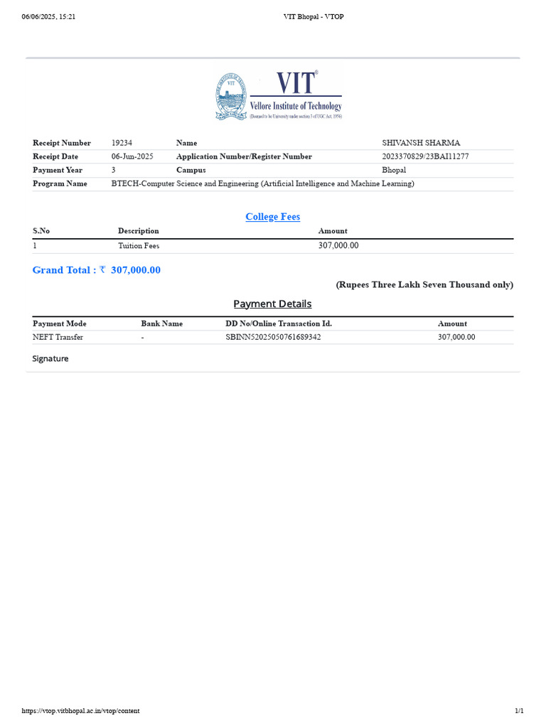 Fees Receipt 3rd Year | PDF