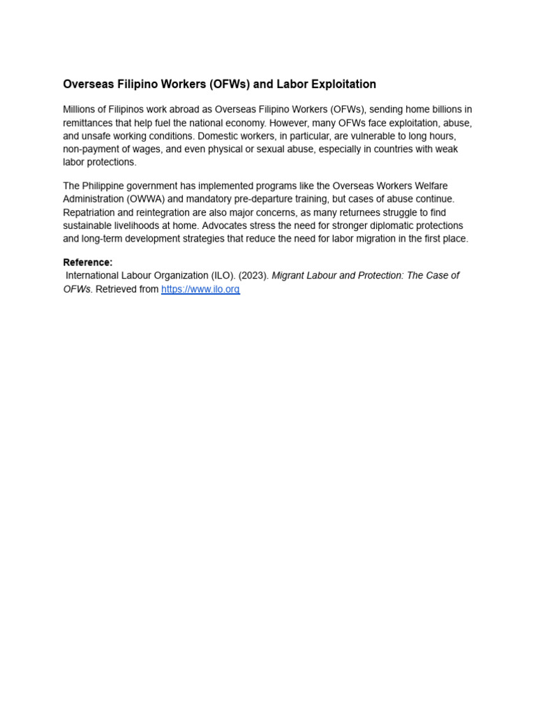 Overseas Filipino Workers (OFWs) and Labor Exploitation | PDF