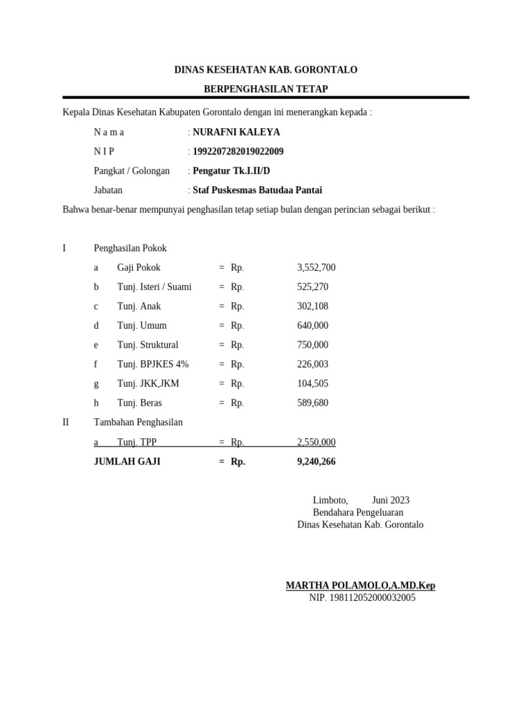 Daftar Perincian Gaji Nurafni Kaleya | PDF