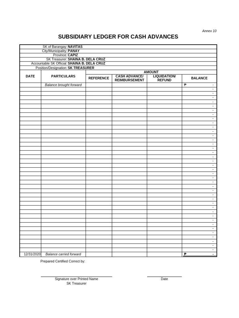 Subsidiary Ledger For Cash Advances | PDF | Financial Services | Money
