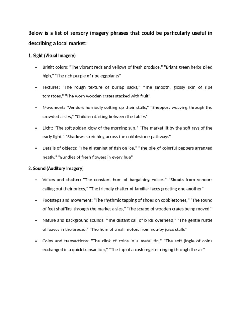 Below Is A List of Sensory Imagery Phrases That Could Be Particularly ...