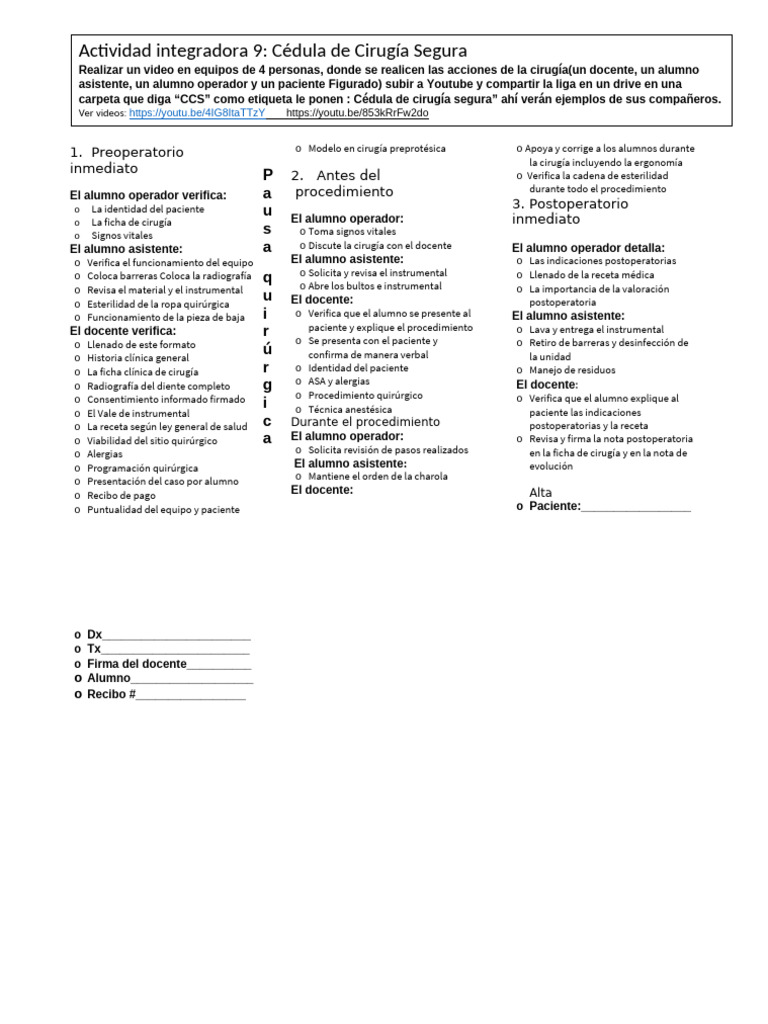 Actividad Integradora Cedula de Seguridad QX | PDF | Medicina | Cuidado de la salud