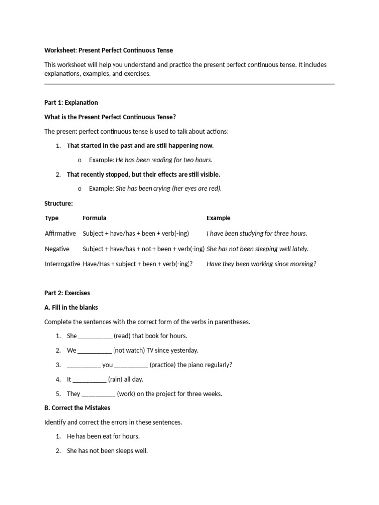 Present Perfect Continuous Tense Worksheet | PDF | Subject (Grammar ...
