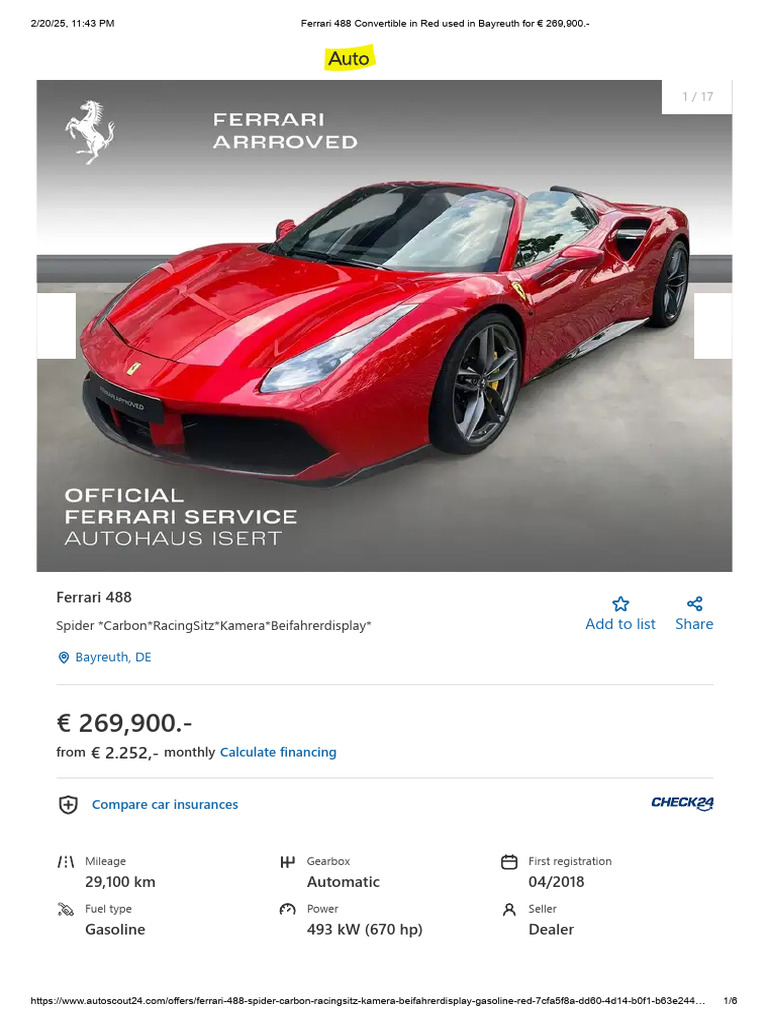 Ferrari 488 Convertible in Red Used in Bayreuth For 269,900. | PDF ...
