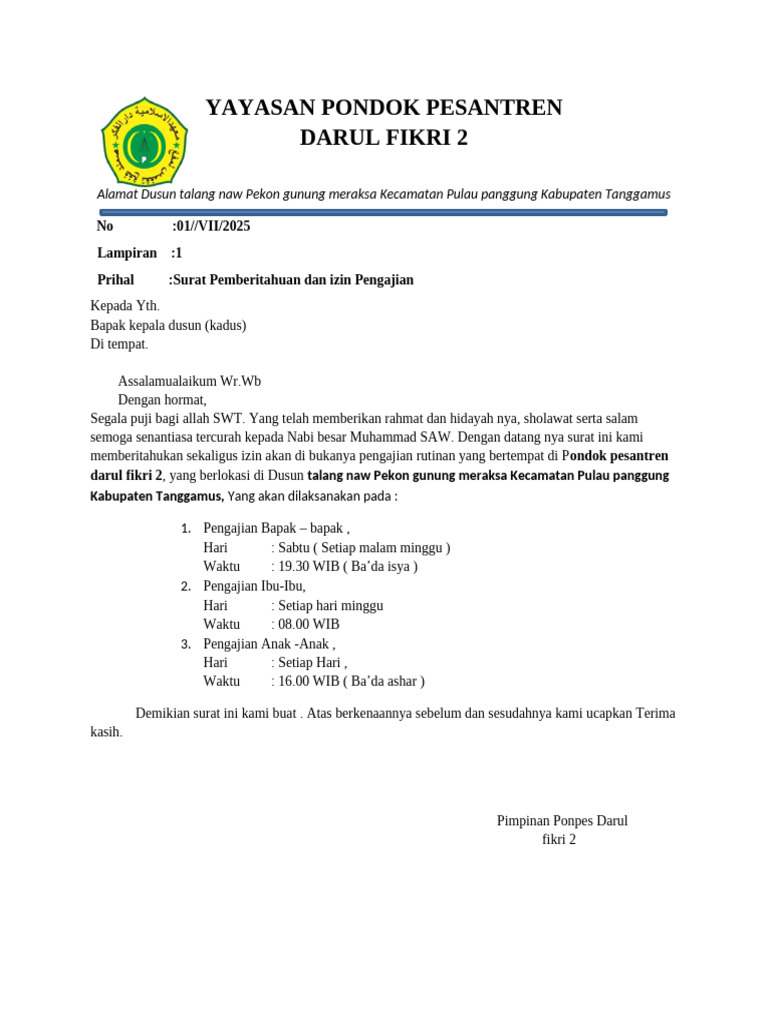 Surat Izin Pondok | PDF