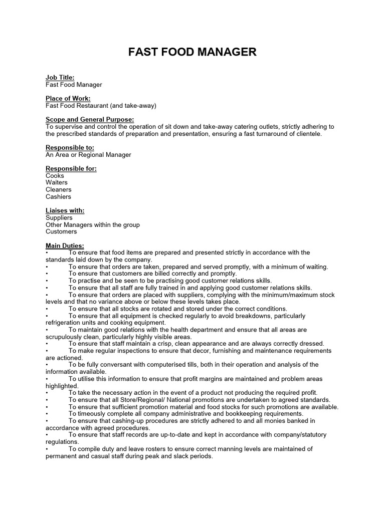 JOB HOTEL MODULE Fast Food MGR | PDF