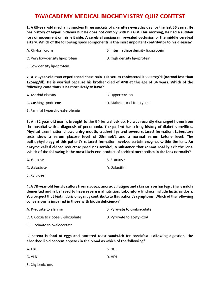 Medical Biochemistry Quiz Questions | PDF | Metabolism | Biochemistry