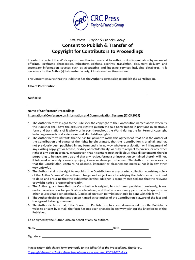 Copyright Form For Taylor Francis Conference Proceeding ICICS 2025 ...