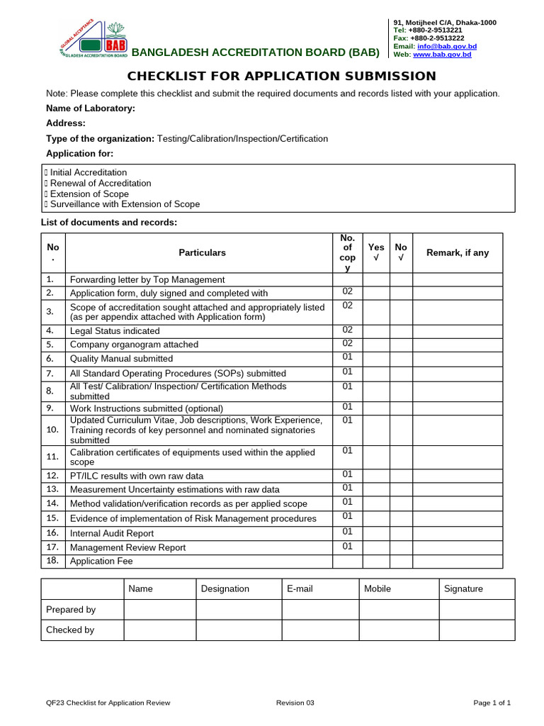 BAB Accreditation Application Checklist | PDF | Calibration