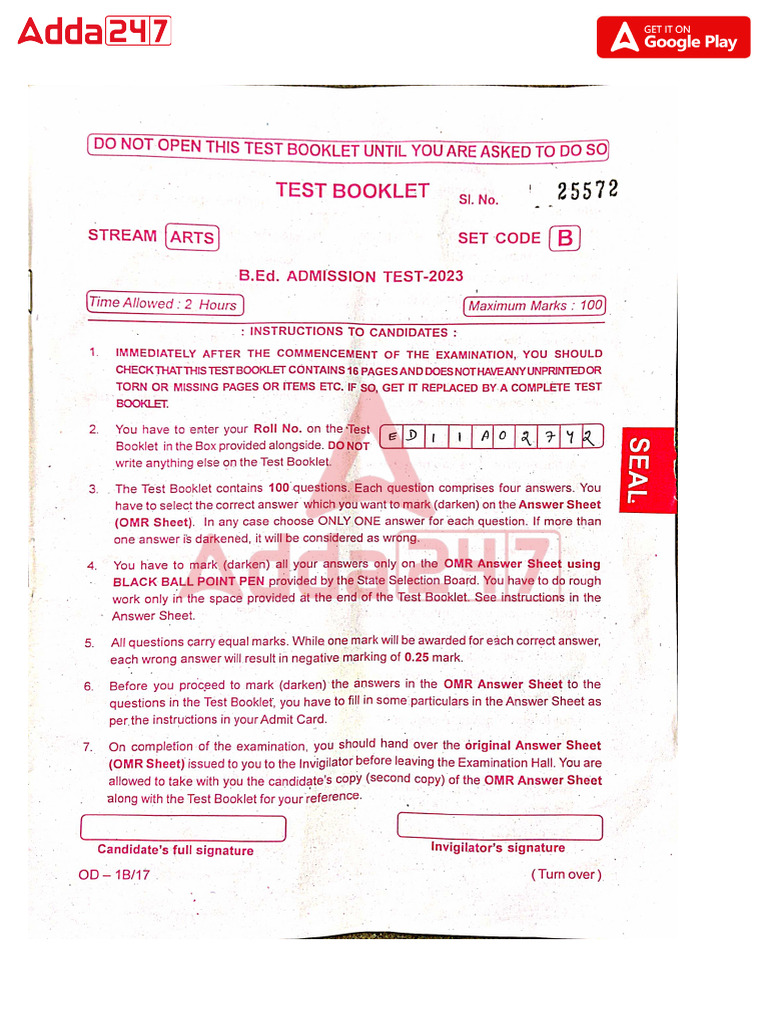 Odisha B.ed Arts 2023 PYQ 1 | PDF