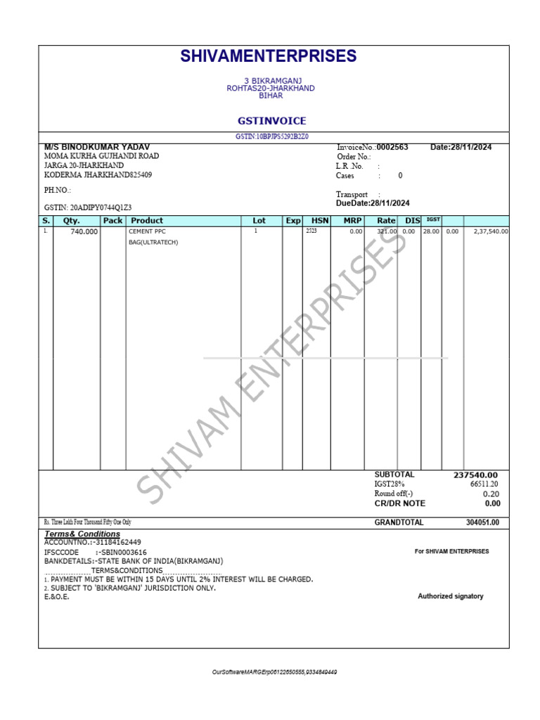 GST Invoice for Cement Purchase | PDF