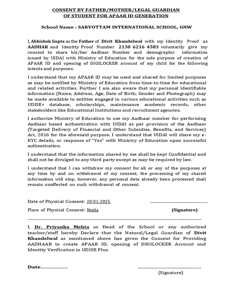 Consent Form APAAR Divit | PDF | Access Control | Authentication