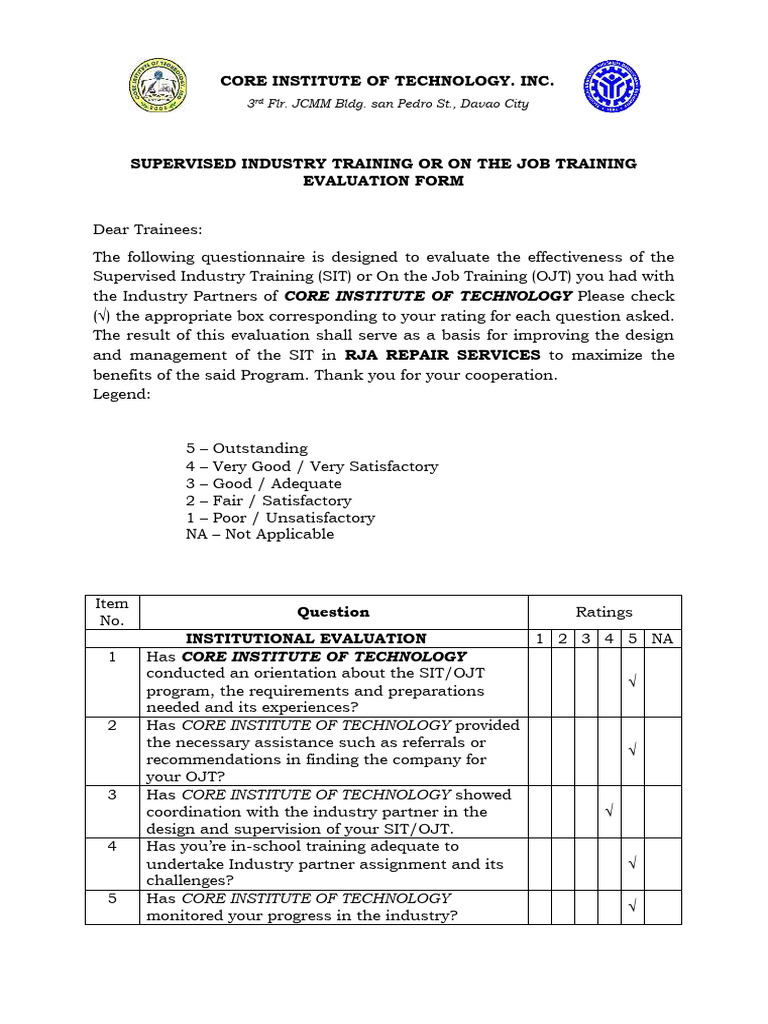 SIT Training Evaluation Form - LUARDO | PDF | Behavior Modification