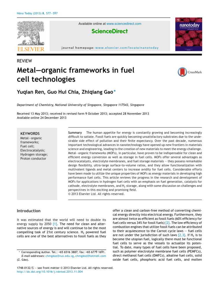 Metal-Organic Frameworks in Fuel Cell Technology | PDF | Fuel Cell | Materials