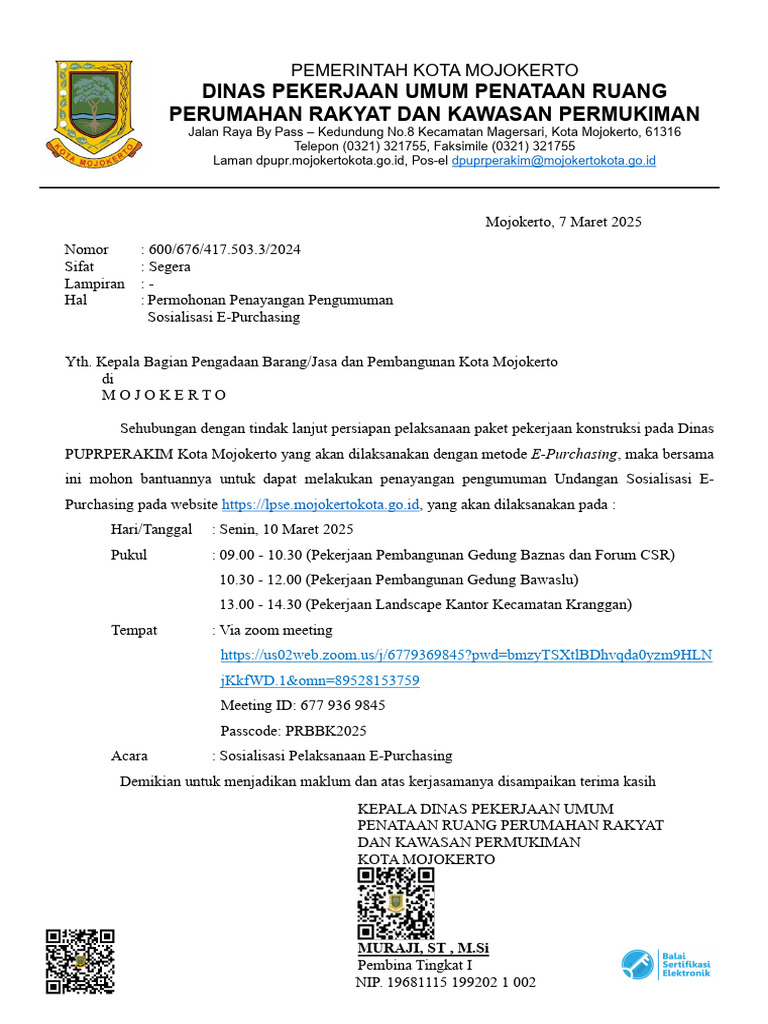 Surat Penayangan Sosialisasi 2025 TTE | PDF