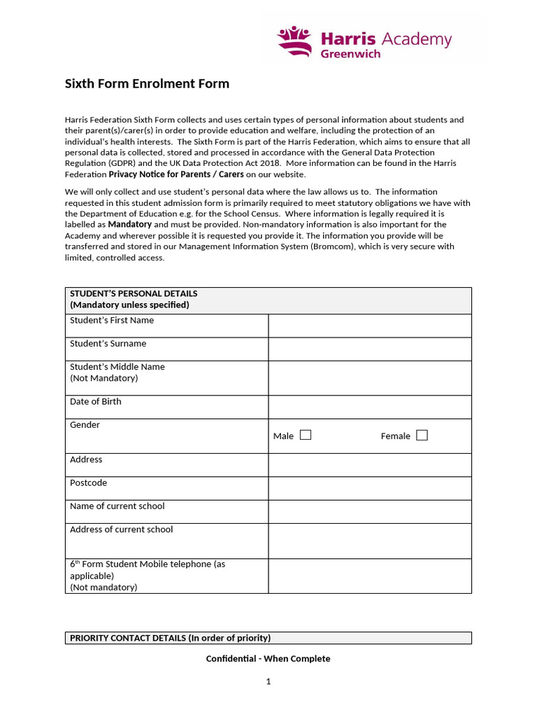 Sixth Form Admission Form 2 | PDF | Biometrics | Information Privacy