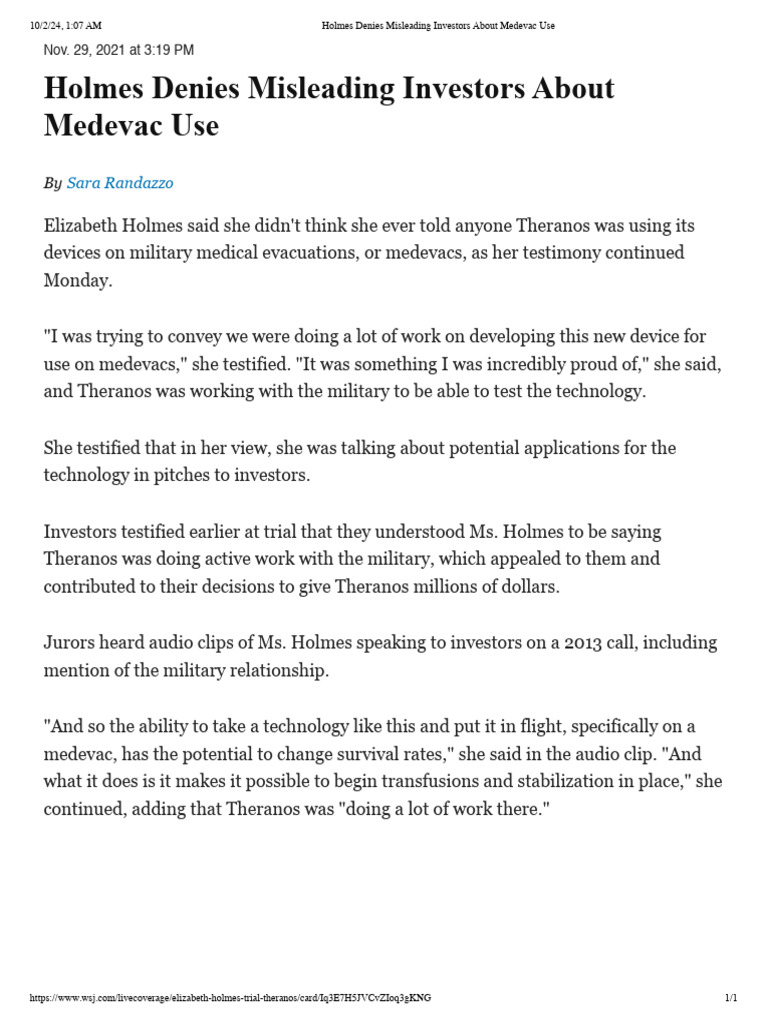 Holmes Denies Misleading Investors About Medevac Use | PDF