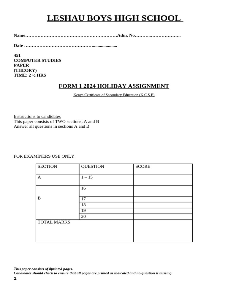 Form1 Computer Studies Holiday Assignment t1 2024 | PDF | Computer ...