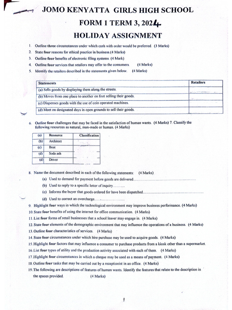 Form 1 Business December Assignment | PDF