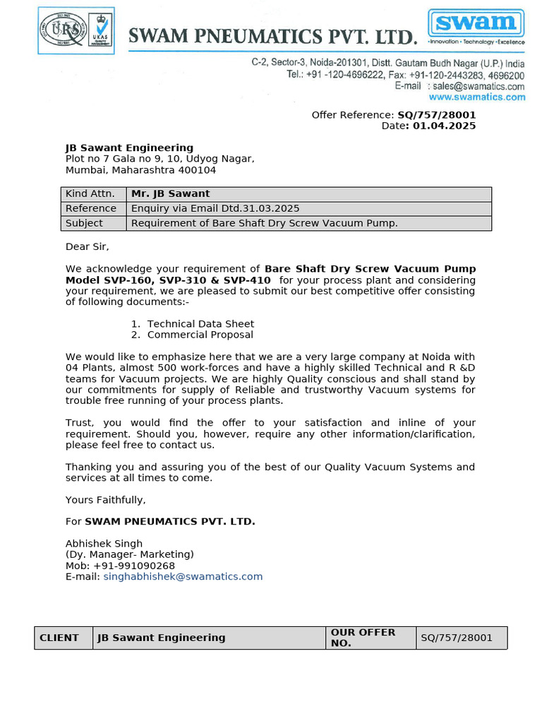Dry Screw Pump - Bare Shaft Offer Format | PDF