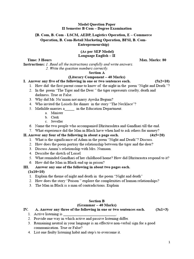 Model Question Paper For II Sem Bcom - II Exuberence | PDF