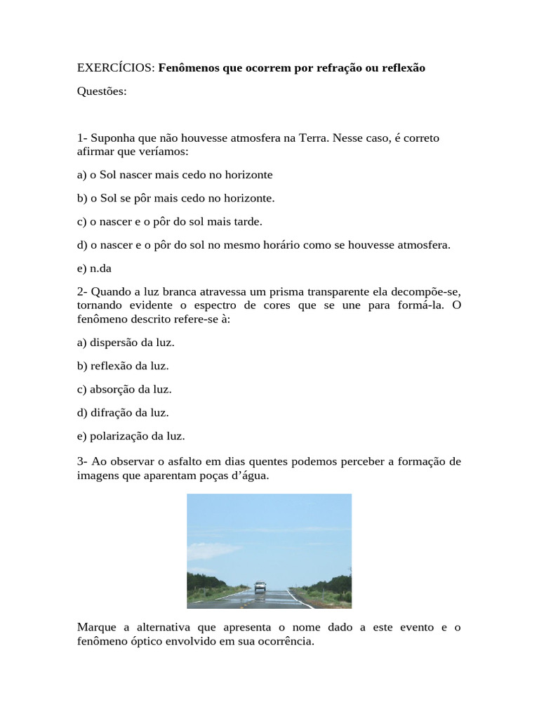 Exercícios Sobre Fenomenos Que Ocorrem Por Refração e Reflexão | PDF