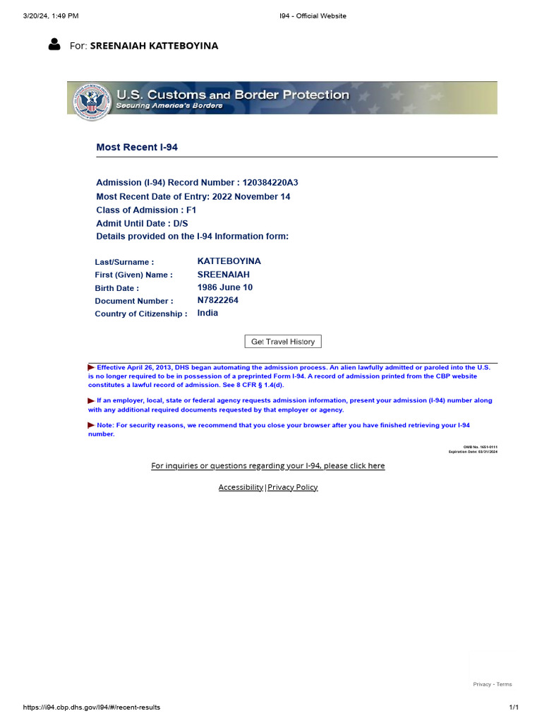 Most Recent I-94: Sreenaiah Katteboyina | PDF