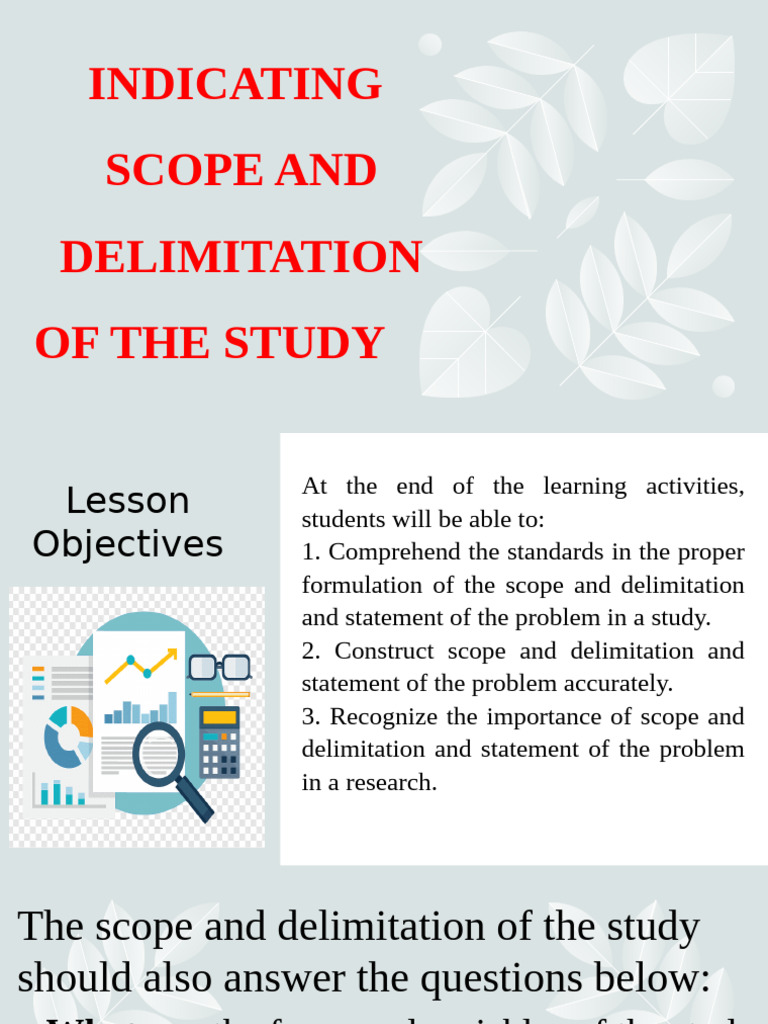 Scope and Delimitation in Research Studies | PDF | Learning | Sampling ...