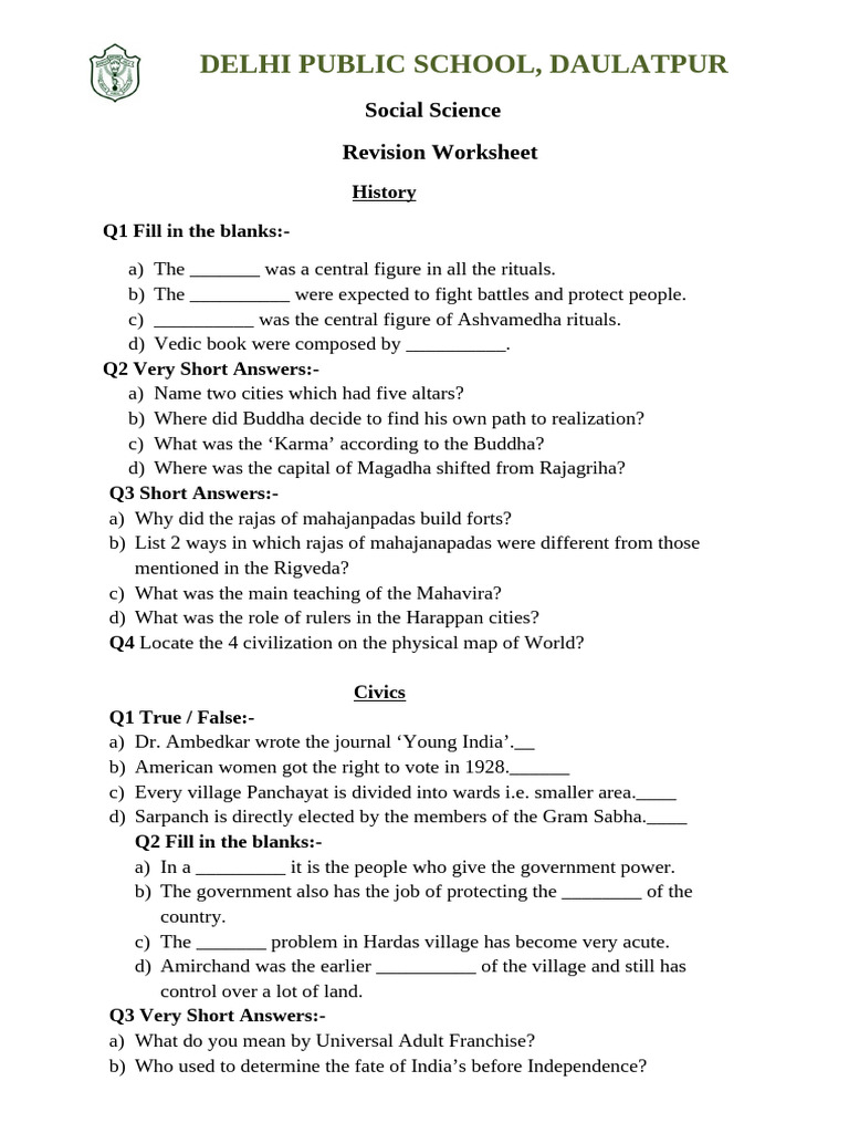 Social Science Revision Worksheet for Class 6 | PDF | Equator | Earth