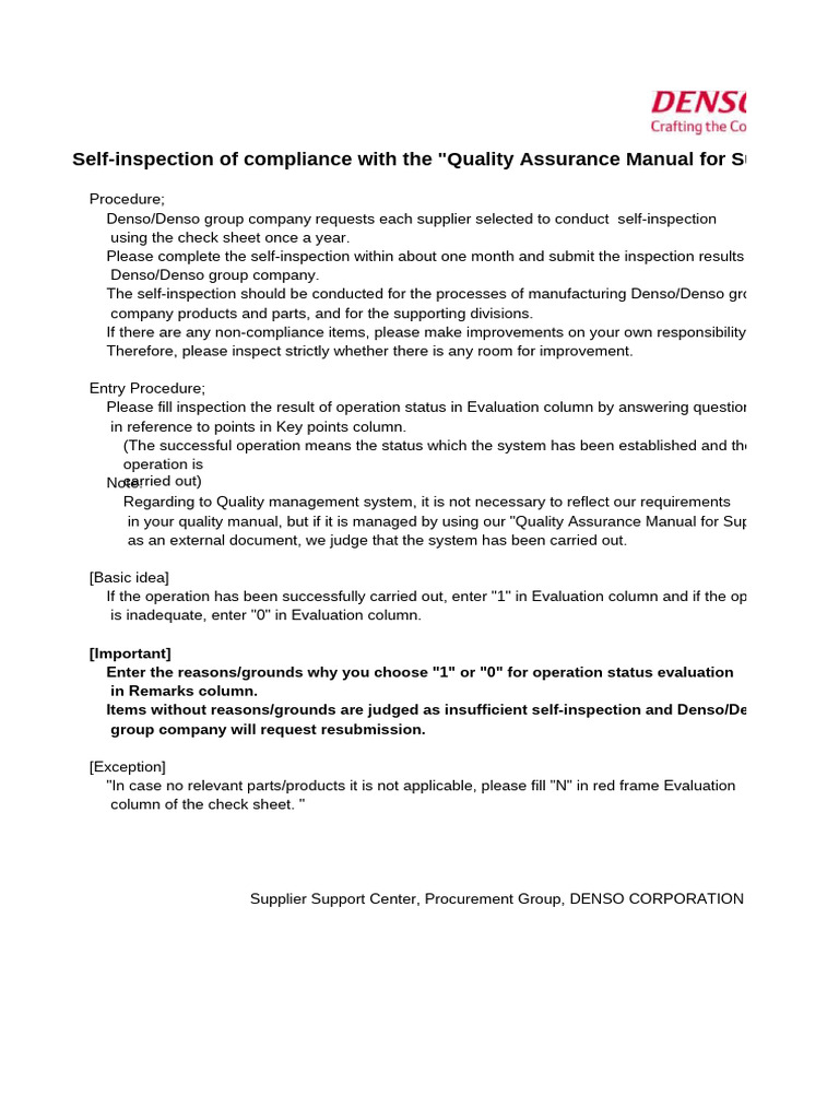 Supplier Quality Assurance Self-Inspection Guide | PDF | Corporate ...
