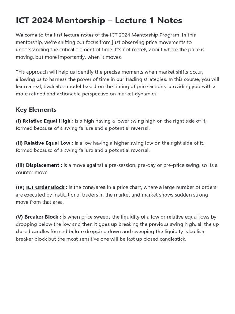 ICT 2024 Mentorship Lecture 1 Notes | PDF | Market Trend | Market Liquidity