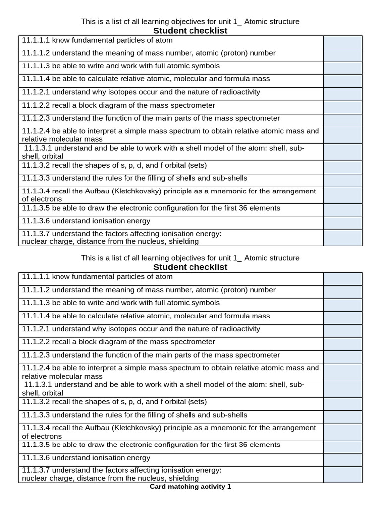 Student Checklist - Card Matching Activity | PDF | Atoms | Atomic Nucleus