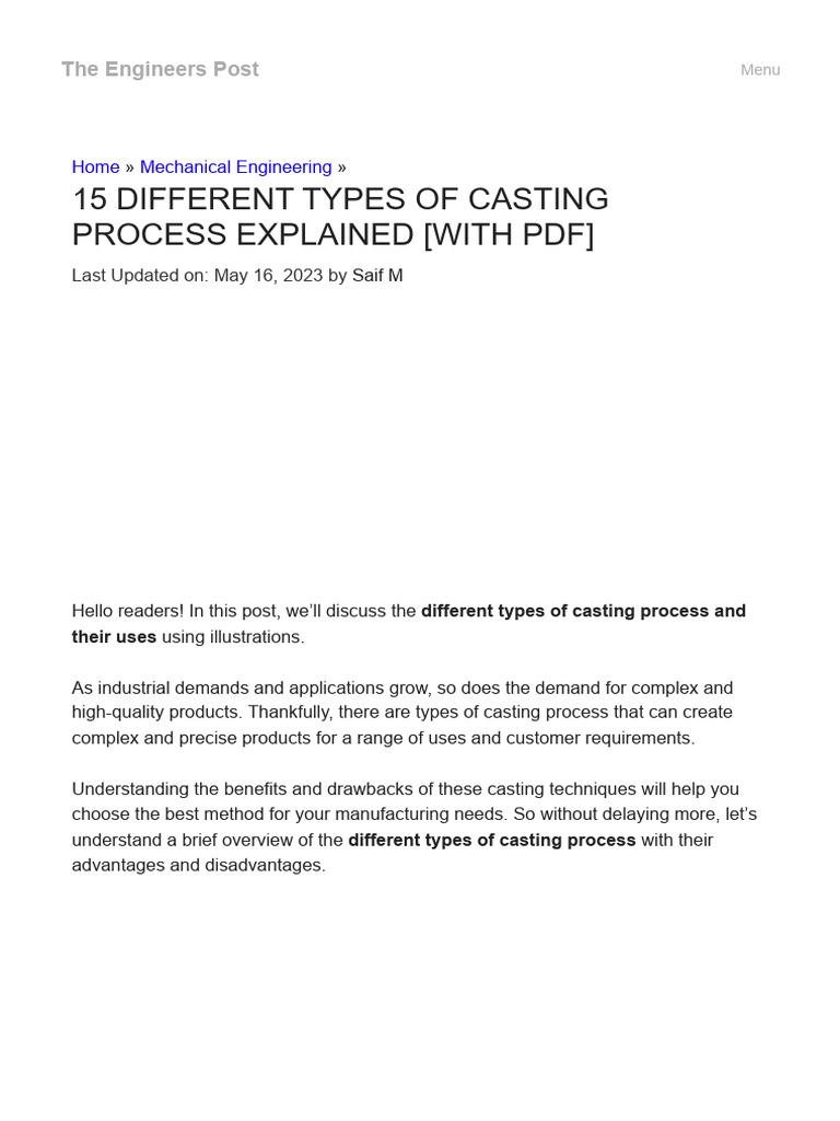 15 Different Types of Casting Process Explained (With PDF) | PDF | Casting | Foundry