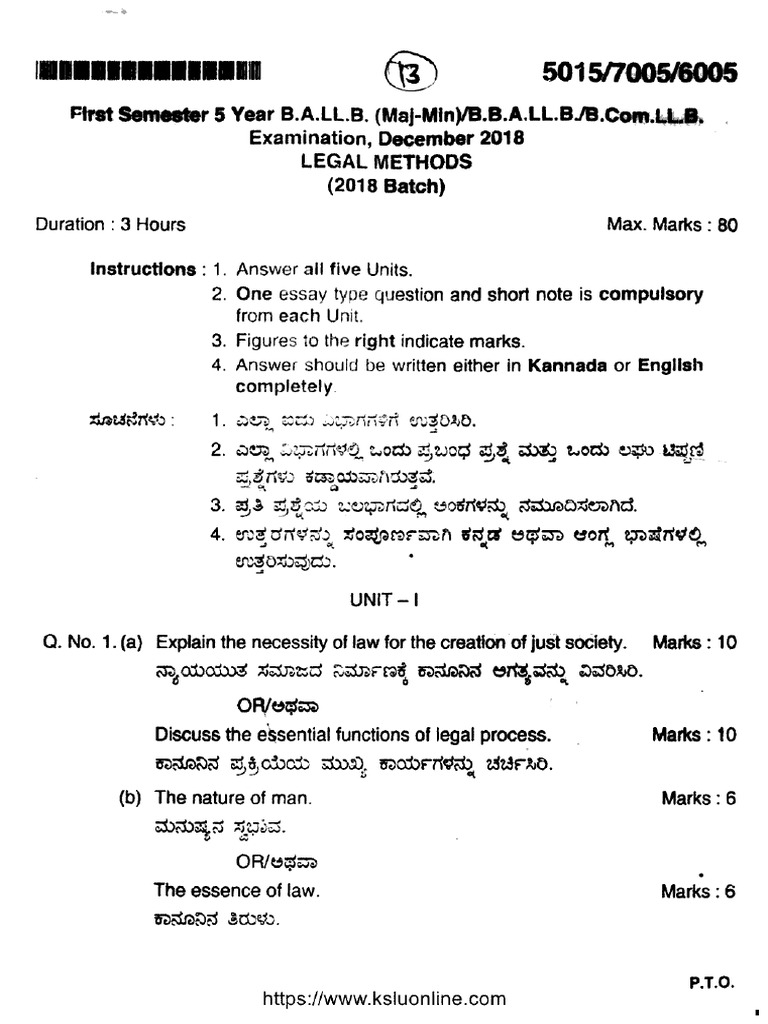 Ballb Bballb Bcomllb 1 Sem Legal Methods 5015 Dec 2018 | PDF