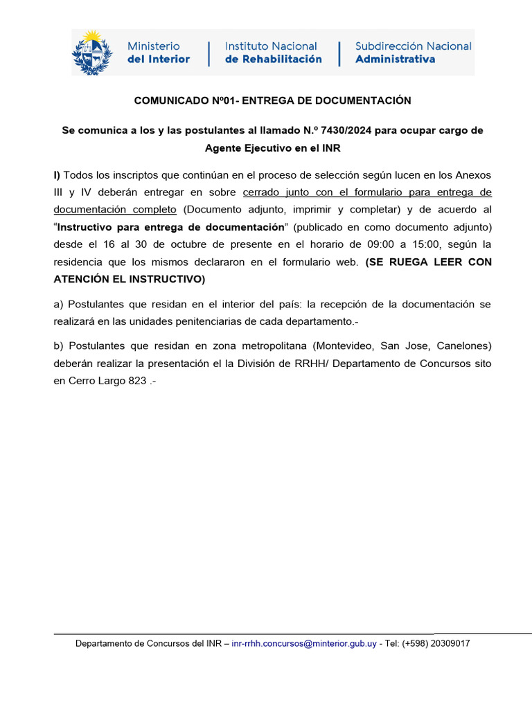 Comunicado 1 Entrega De Documentacion Pdf