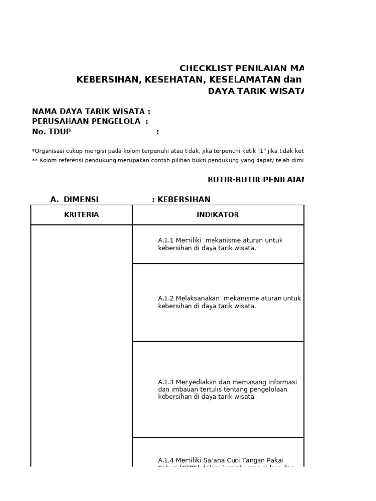Checklist Penilaian Mandiri CHSE DTW - HOTEL - RESTORAN | PDF