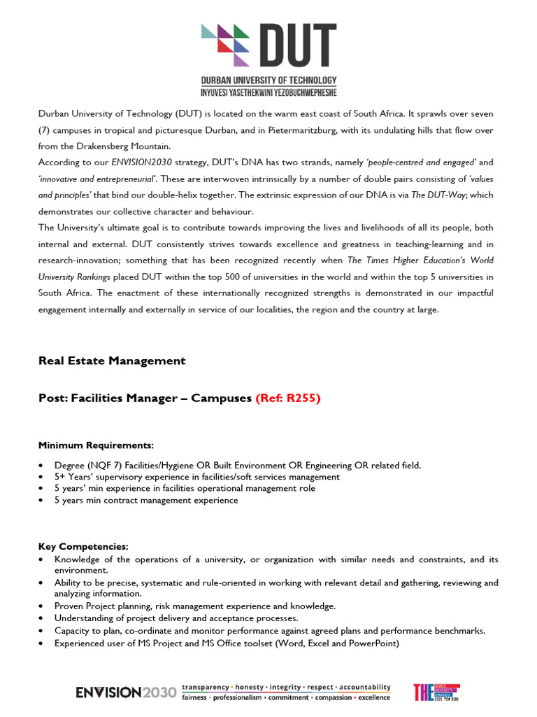 DUT Facilities Manager Job Opening | PDF | Risk Management | Strategic ...
