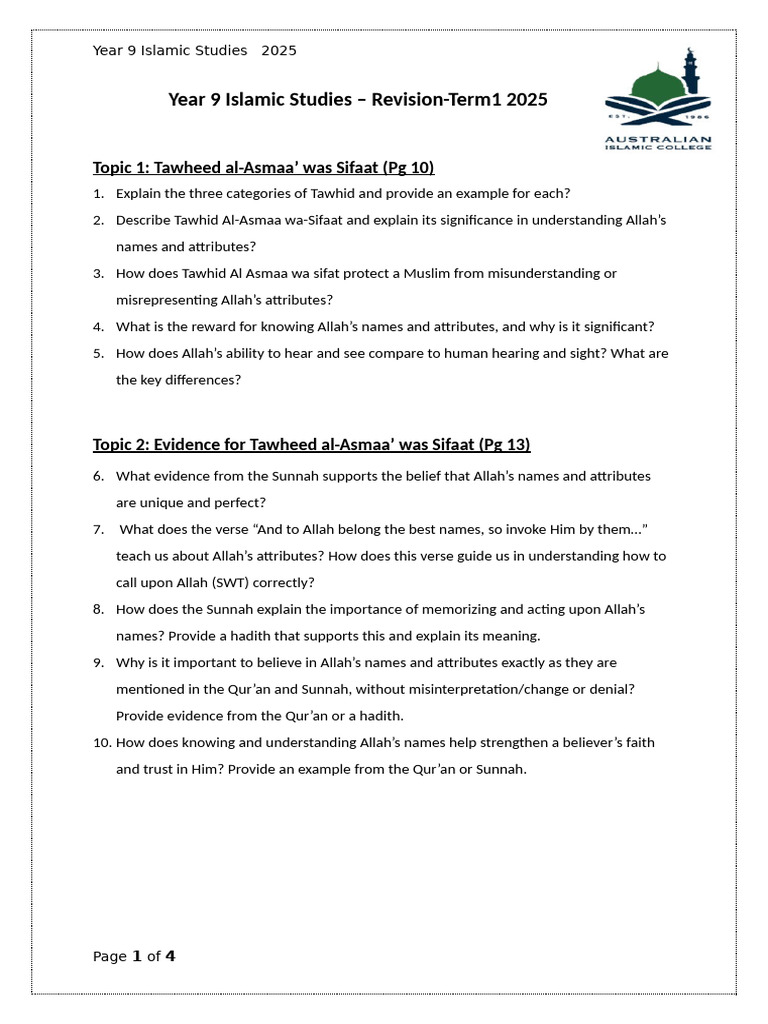Islamic Studies Revision 2025 | PDF | Monotheism | Monotheistic Religions