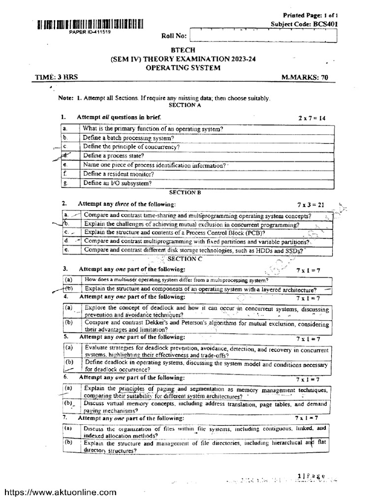 Btech Cs 4 Sem Operating System Bcs401 Aug 2024 | PDF
