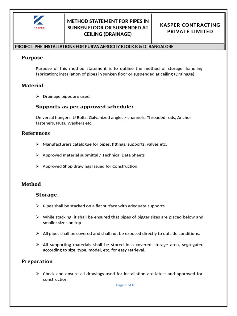 Method Statement For Pipes in Sunken Floor or Suspended at Ceiling ...