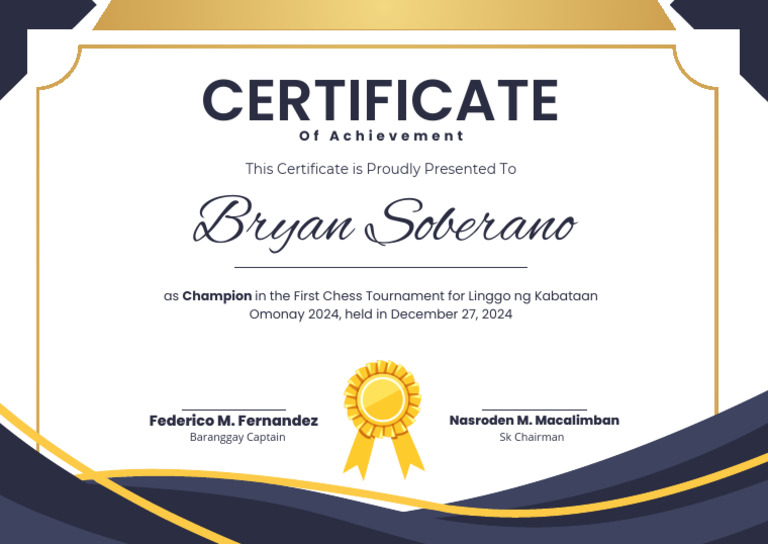 First Chess Tournament Champion Certificate | PDF